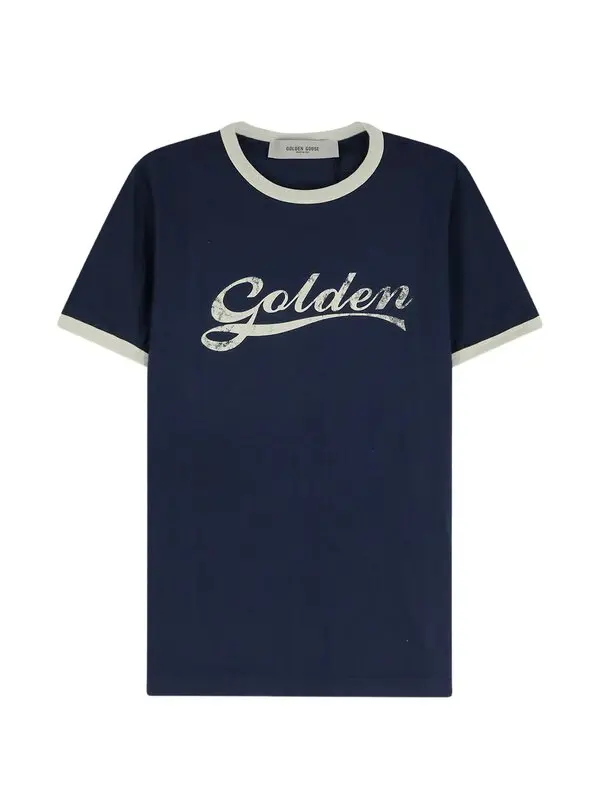 GOLDEN GOOSE Crewneck T-shirt With Front Graphic And Contrast-trim Sleeves - Blu