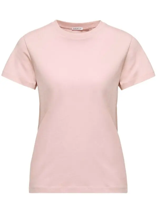 Moncler Ribbed Crewneck Short-sleeve Cotton T-shirt With Embroidered Logo - Rosa