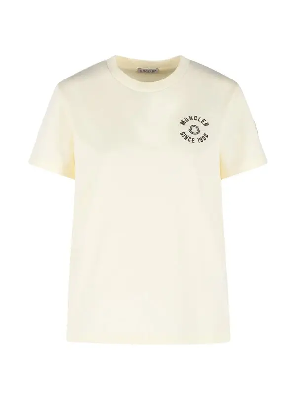 Moncler Ribbed Crewneck Short Sleeve T-shirt With Embroidered Logo - Bianco