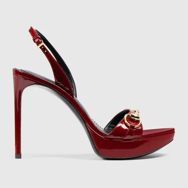 Gucci Patent Leather Platform Sandal With Horsebit Detail - Bordeaux