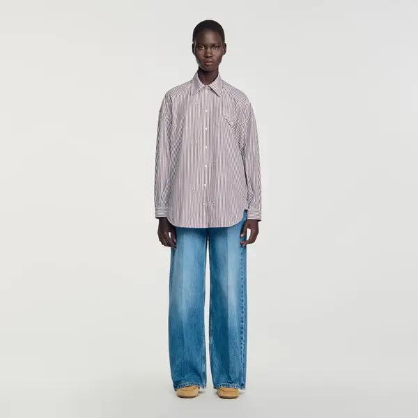 Sandro Oversized Striped Shirt With Rhinestone Embellishments