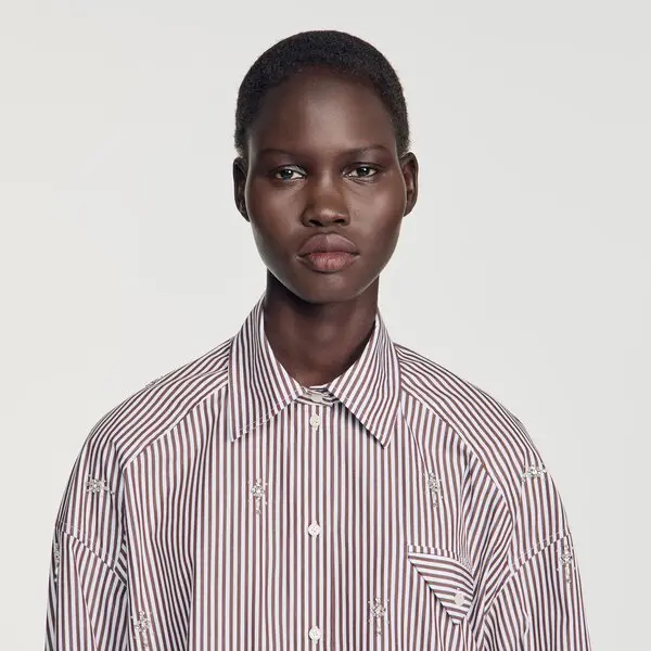 Sandro Oversized Striped Shirt With Rhinestone Embellishments
