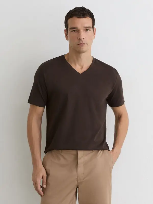 REISS Dayton Cotton V-neck Tailored-fit T-shirt - Coco Brown