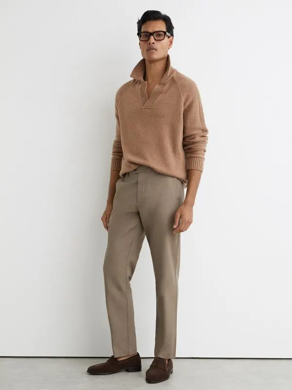 REISS Dobby Cotton Piqué Chino Trousers - Walnut Brown