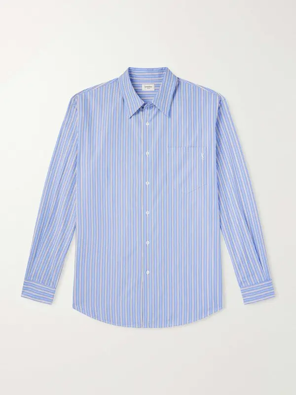 Saint Laurent Logo-embroidered Striped Cotton-poplin Shirt - Blue