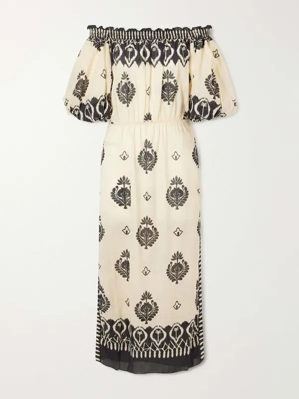 Johanna Ortiz Off-the-shoulder Ruched Printed Cotton-poplin Midi Dress - Ecru