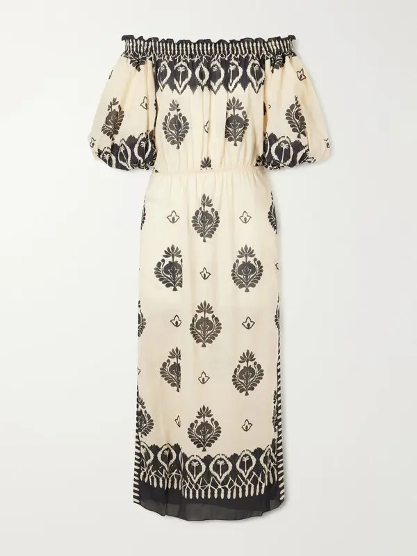 Johanna Ortiz Printed Off-the-shoulder Puff Sleeve Midi Dress - Neutrals