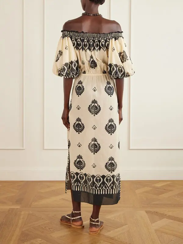 Johanna Ortiz Printed Off-the-shoulder Puff Sleeve Midi Dress - Neutrals