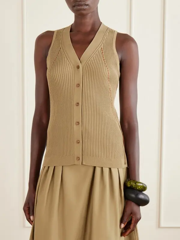 Max Mara Lace-detailed Ribbed Cotton-blend Vest - Brown
