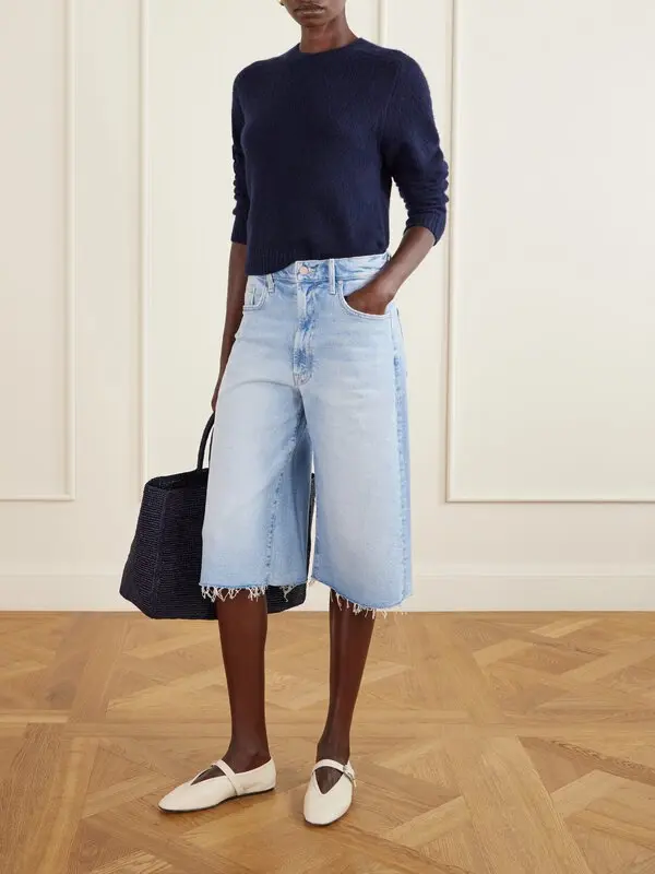 MOTHER The Whole Lot Zip Fray Low-rise Wide-leg Denim Shorts