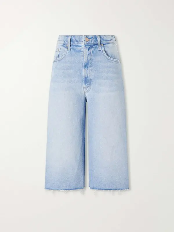 MOTHER The Whole Lot Zip Fray Low-rise Wide-leg Denim Shorts - Light Denim
