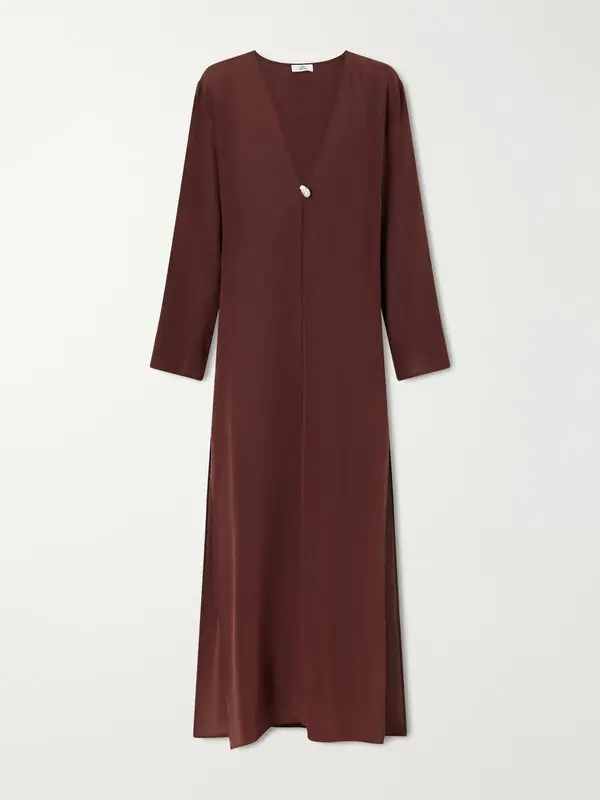 SARA CRISTINA Pearl-embellished Silk-chiffon Kaftan - Brown