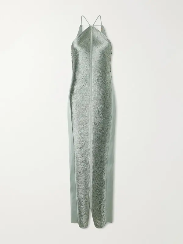 Cult Gaia Renata Fringe And Satin Trimmed Halterneck Gown - Green