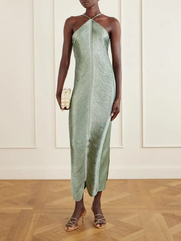 Cult Gaia Renata Fringe And Satin Trimmed Halterneck Gown