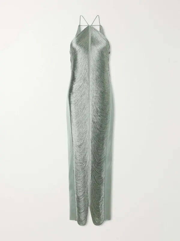 Cult Gaia Renata Fringed Satin-trimmed Mesh Gown - Mint