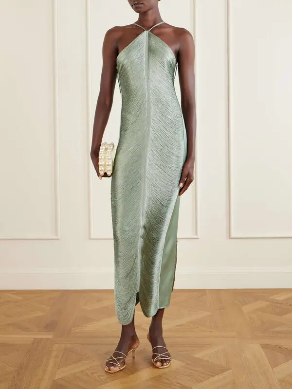 Cult Gaia Renata Fringe And Satin Trimmed Halterneck Gown