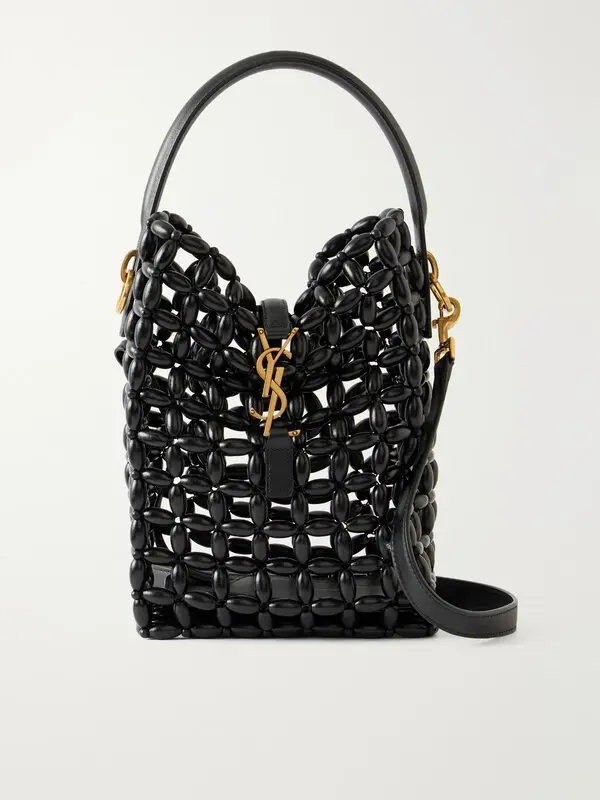 Saint Laurent Le 37 Mini Logo-embellished Leather-trimmed Beaded Wood Shoulder Bag - Black