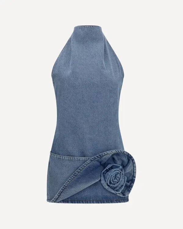 Magda Butrym Halterneck Denim Mini Dress With Rose Appliqu - Light Blue