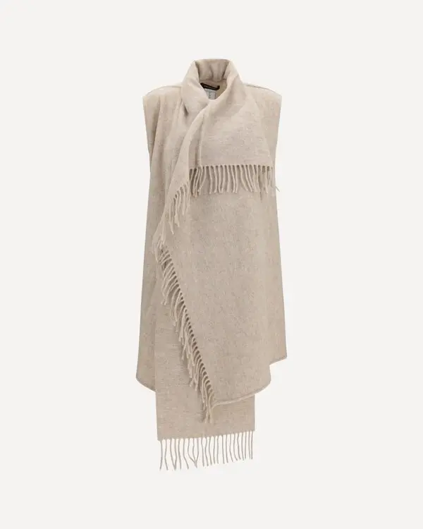 Fabiana Filippi High-neck Wool Cape With Concealed Closure And Fringes - Beige