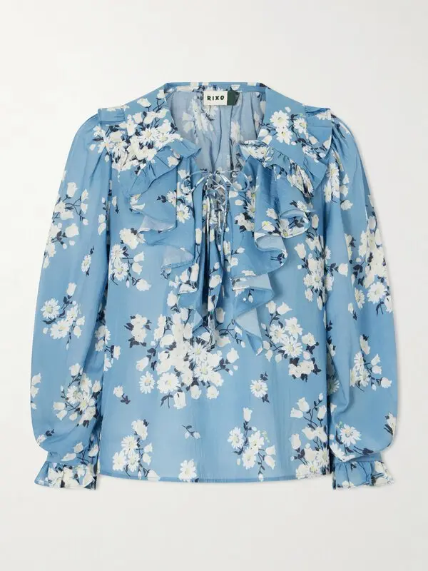 Rixo Milia Ruffled Floral-print Cotton-blend Voile Blouse - Blue