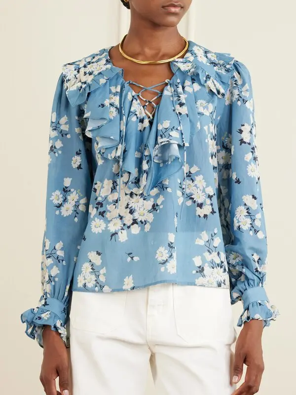 Rixo Milia Ruffled Floral-print Cotton-blend Voile Blouse - Blue