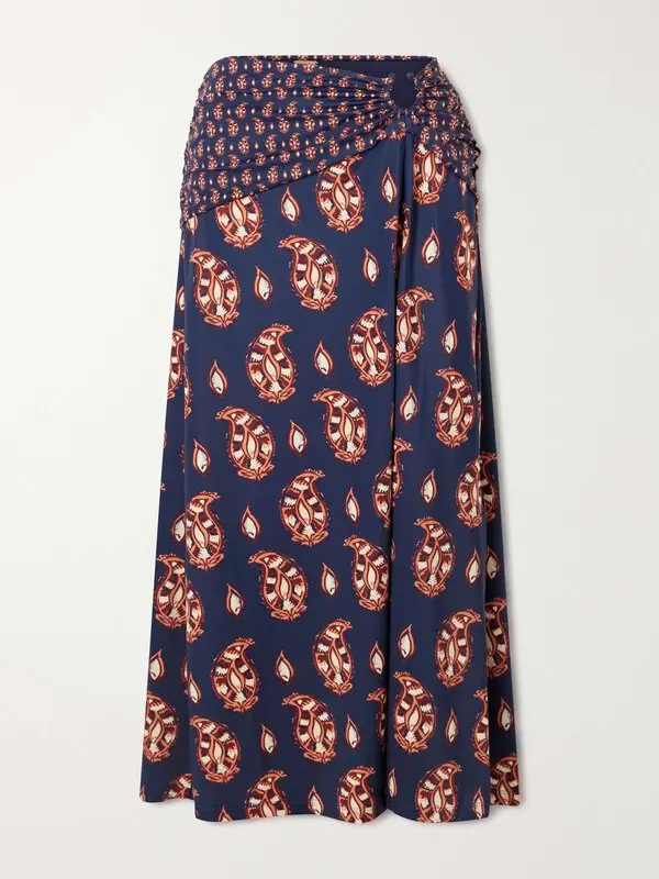 Johanna Ortiz Printed Ruched Stretch-jersey Skirt - Navy