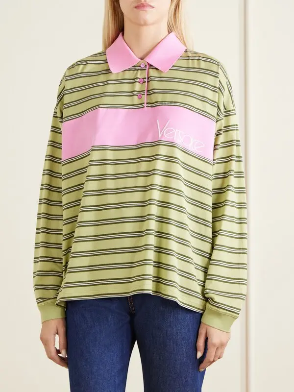 Versace Logo Embroidered Striped Cotton-jersey Polo Shirt - Brown