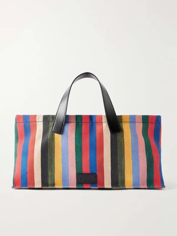 Staud Port Logo-embossed Leather-trimmed Striped Canvas Tote