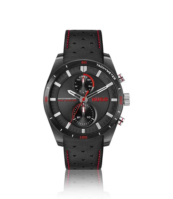 Hugo Chronograph Watch With Perforated Leather Strap
