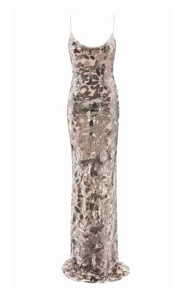THE NEW ARRIVALS ILKYAZ OZEL Isis Beaded Tulle Maxi Dress - Silver