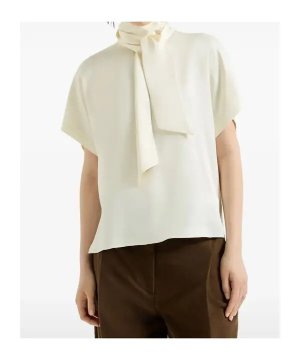 Brunello Cucinelli Short-sleeved High-neck Blouse With Tie Detail - No