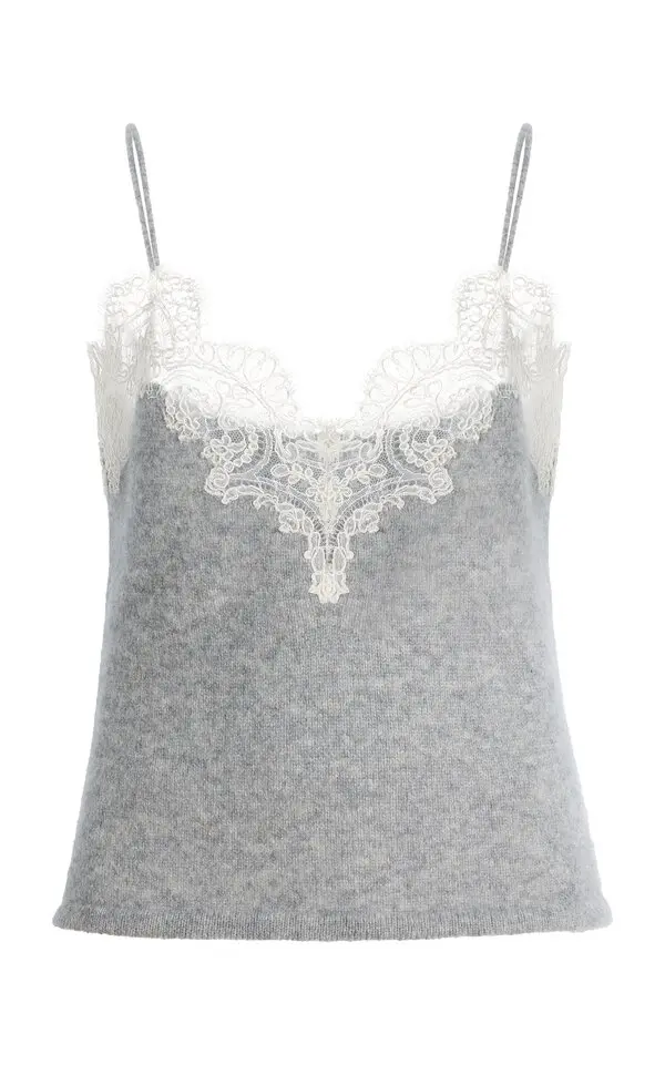 Adam Lippes Beatrix Brushed Cashmere Cami With Lace Trim - Light Grey