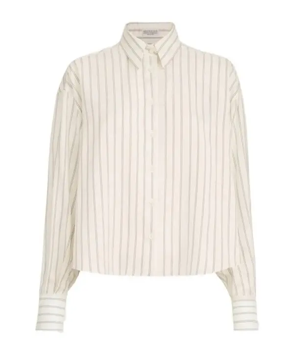 Brunello Cucinelli Striped Silk-poplin Shirt With Monili - Butter