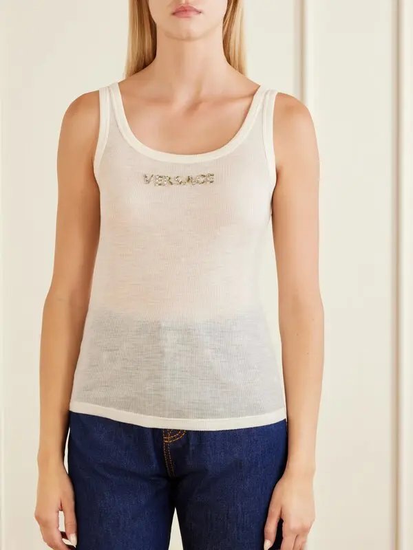 Versace Crystal And Bead-embellished Logo-embroidered Virgin Wool Tank - Neutrals