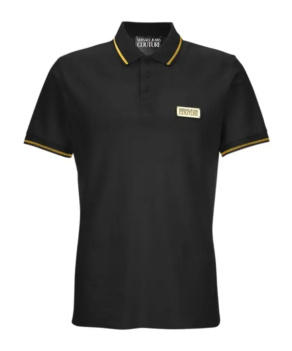 Versace Logo Plaque Striped-trim Polo Shirt - Black