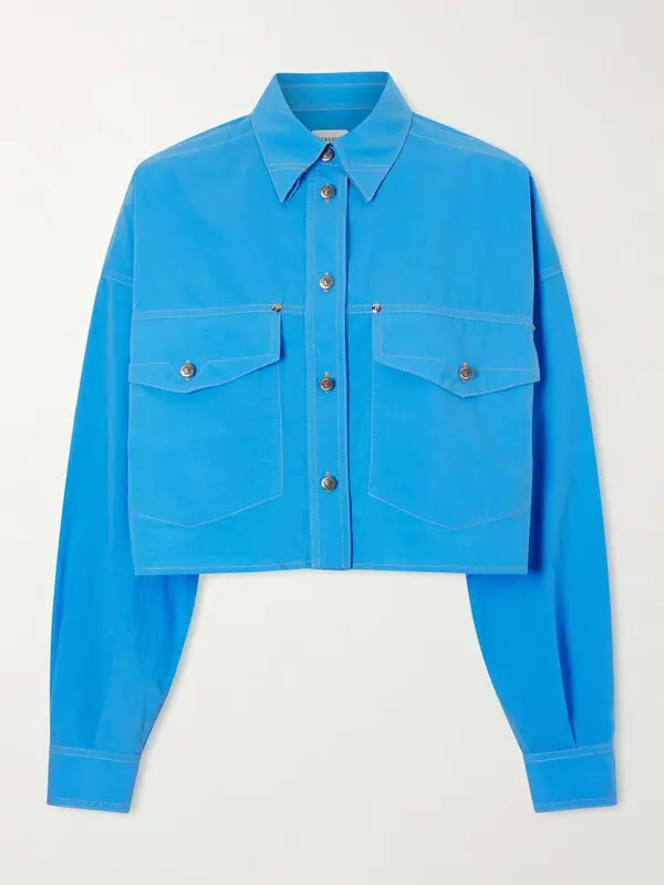 Versace Medusa Embellished Cropped Cotton Poplin Shirt - Blue