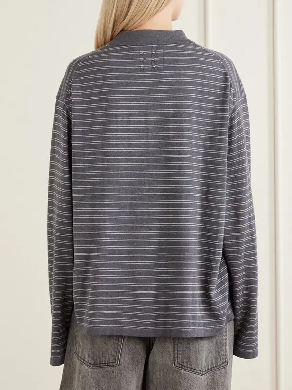 NILI LOTAN Foley Striped Cotton Polo Shirt - Gray