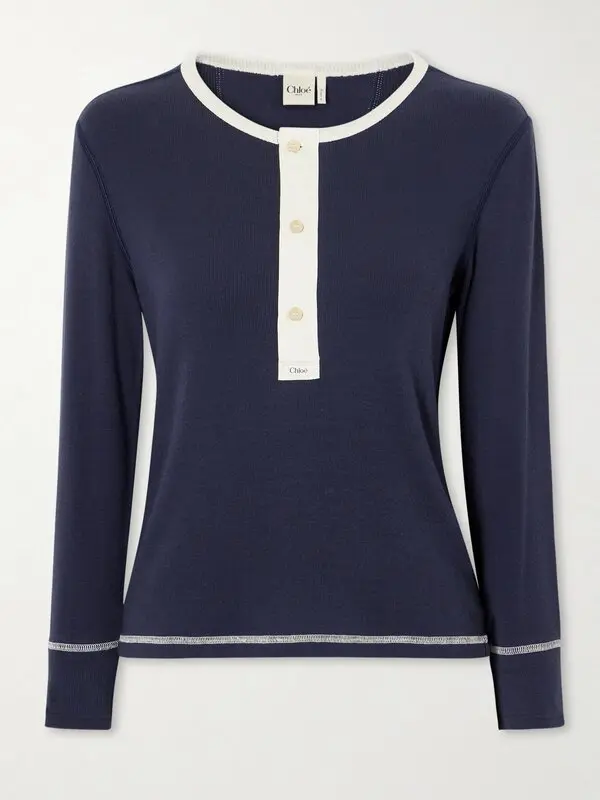 Chloé Ribbed Cotton-jersey Henley Shirt - Blue