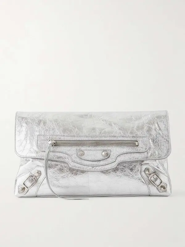 Balenciaga Le City Crinkled-leather Clutch - Silver