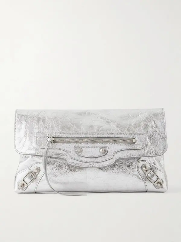 Balenciaga Le City Crinkled-leather Clutch - Silver