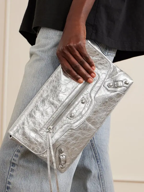 Balenciaga Le City Crinkled-leather Clutch - Silver