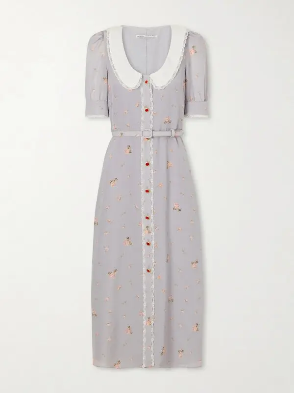 Alessandra Rich Belted Floral-print Silk-crepe De Chine Midi Dress - Gray