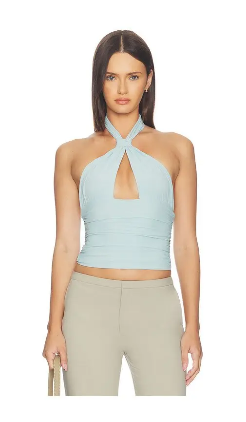 MIMCHIK Piper Knotted Halter Top In Baby Blue - Ice