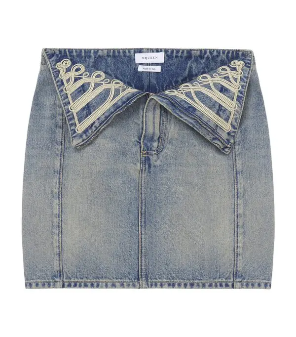 Alexander McQueen Denim Fold-over Mini Skirt With Embroidered Detailing