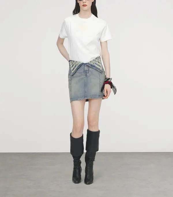 Alexander McQueen Denim Fold-over Mini Skirt With Embroidered Detailing