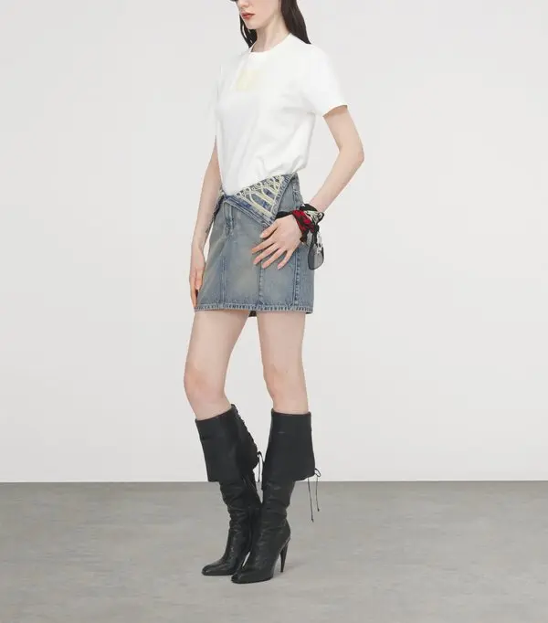 Alexander McQueen Denim Fold-over Mini Skirt With Embroidered Detailing