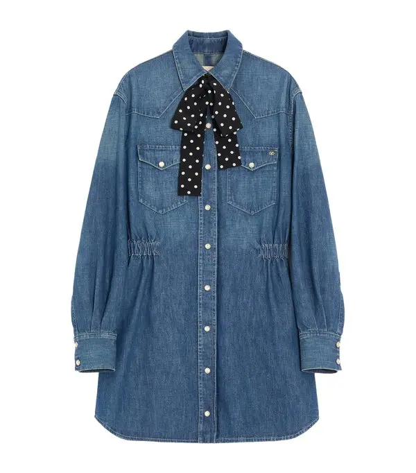 Valentino Garavani Denim Polka-dot Bow Shirt Dress