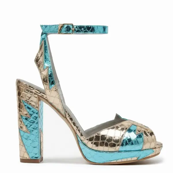 TERRY DE HAVILLAND Blue / Gold Zia Mid Gold Blue Platform Heels