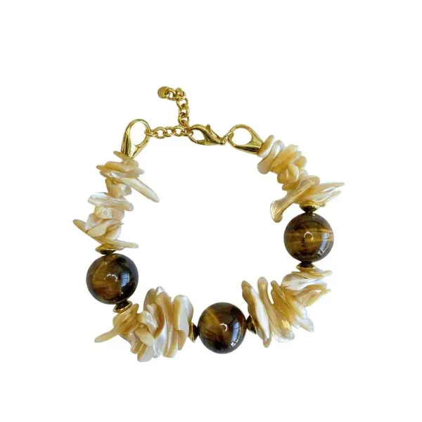 LINYA JEWELLERY Mother Of Pearl And Tiger Eye Natural Stone Bracelet In Sterling Silver - Gold