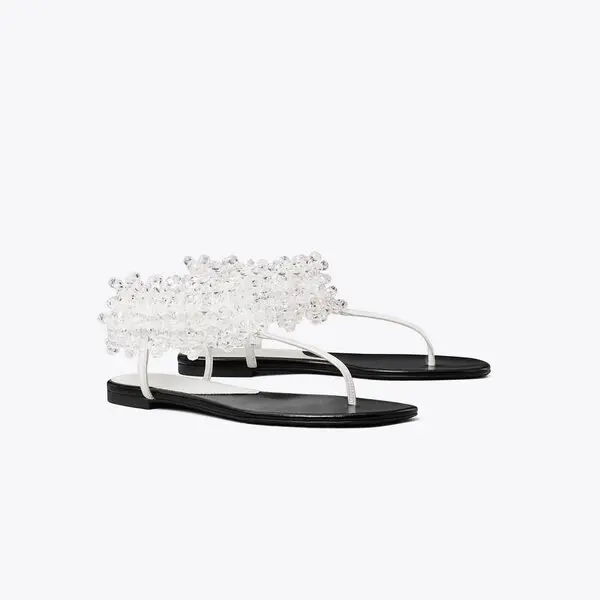 Tory Burch Embellished Beaded Flat Sandals - Cloud